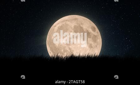 Big Amazing Full Moon With Grass And Starry Sky Stock Photo - Alamy