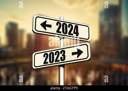 Road signs indicate the path to the new year 2025 and the old year 2024 ...