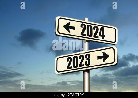Road signs indicate the path to the new year 2025 and the old year 2024 ...