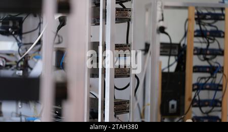Server farm in indoor data center. Mining on hard drive concept Stock ...