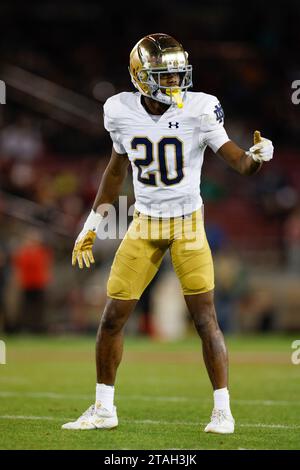 Notre Dame cornerback Benjamin Morrison (20) watches teammates during ...