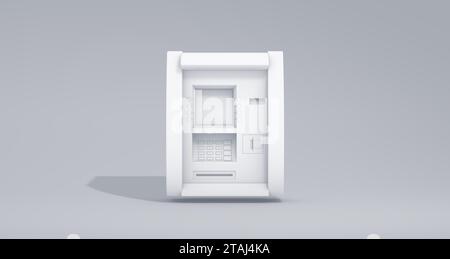 3d rendering of a wall ATM bank machine with a blue screen isolated on white background. Modern ...