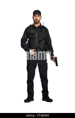 Handsome bearded cop with handgun, posing to camera. Portrait of ...