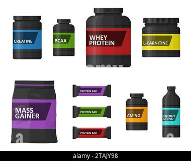 Sports nutrition containers packages, fitness protein power. Set of ...