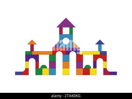 children build tower with blocks. Kids play using kit with bright ...