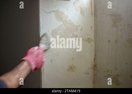 Surface Ready: Gloved Hand Scraping Wall with Painter's Spatula Stock ...