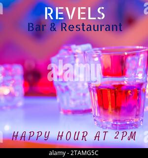 Composition of happy hour at 2pm text over colourful cocktails on ...