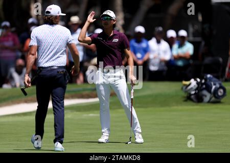 Min Woo Lee of Australia reacts after playing a shot on the ninth hole ...