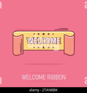 Vector cartoon welcome ribbon icon in comic style. Hello sticker label ...