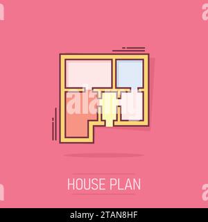 Vector cartoon house plan icon in comic style. Architect scheme sign ...