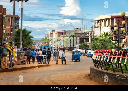 Main street in Metu town, Ilubabor, Ethiopia, with tuk tuk taxis and ...