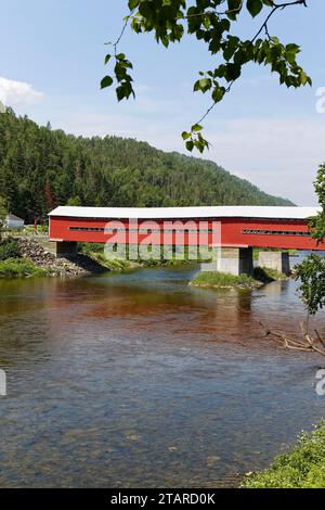 Red covered bridge over Matapedia River, Matapedia Valley, Province of ...