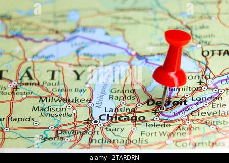 Detroit map. Detroit pinned. Map with red pin point of Detroit in USA ...