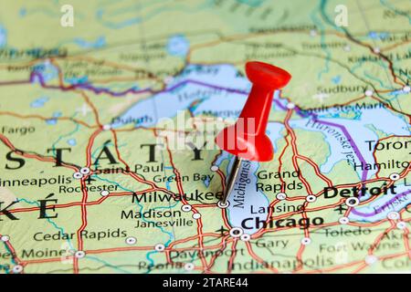 Milwaukee map. Close up of Milwaukee map with red pin. Map with red pin ...