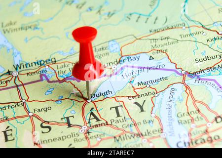 Duluth, Minnesota pin on map Stock Photo - Alamy
