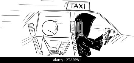 Grim Reaper or Death Driving Cab or Taxi, Vector Cartoon Stick Figure ...