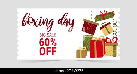 Boxing Day coupon color template layout vector. Colored gift boxes on a ...