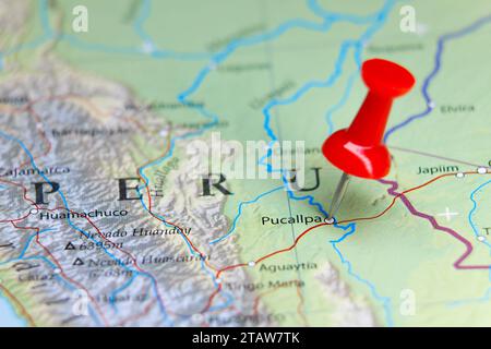 Pucallpa pinned on a map of Peru Stock Photo - Alamy