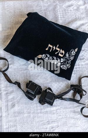 A set of tefillin with verses from Torah written in them and a pouch ...