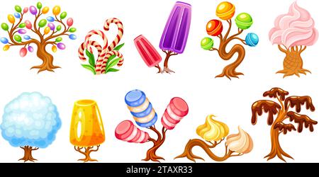 Candy trees set. Fairy plants of magic confectionery land with whipped ...