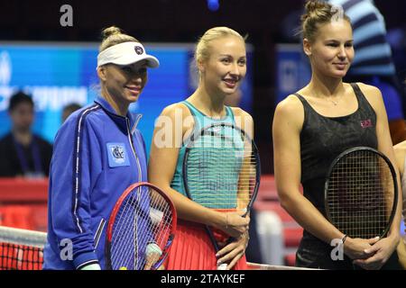 Anastasia Potapova of Russia (R) and Veronika Kudermetova of Russia (L) hug during the ...