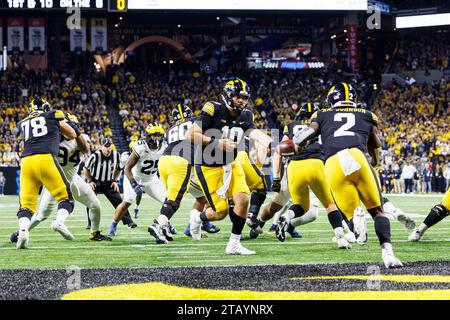 Iowa running back Kaleb Johnson speaks during a press conference at the ...