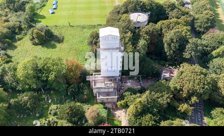 Aerial view of Beckford's Tower at Lansdown near Bath, Somerset, A Neo ...