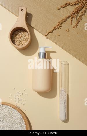 Close-up of an unlabeled cosmetic tube, rice bran powder, whole rice ...
