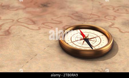 Vintage style compass needle spinning on old map with copyspace Stock ...