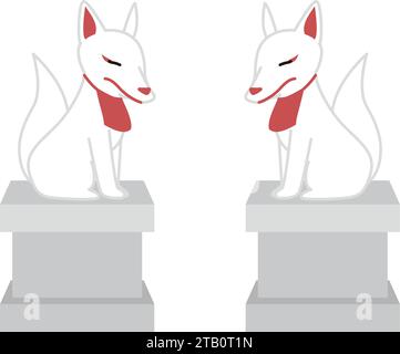 Two Inari statues facing each other. Monochrome line drawing. God of ...