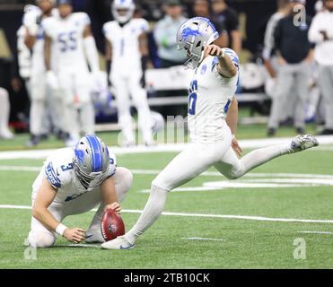 Detroit Lions place-kicker Riley Patterson (36) kicks a field goal ...
