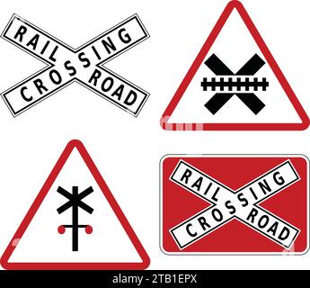 Road sign Warning railroad crossing. In Red Triangle, fence-barrier is ...