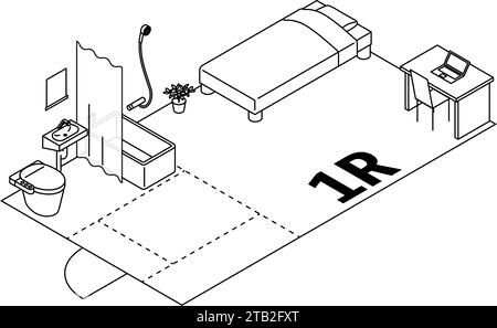 Moving floor plan image, 1ROOM, isometric illustration with simple line ...