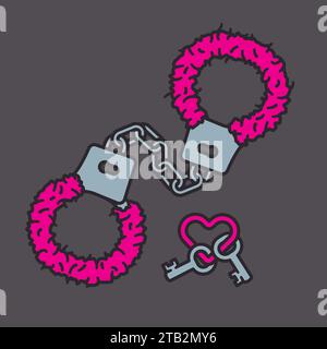 Pink fuzzy handcuffs adult toy and keys on heart-shaped key ring ...