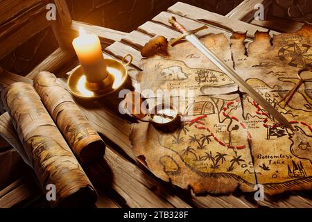 Enigmatic Ancient Pirate Treasure Map and Antique Swords Setup Stock ...