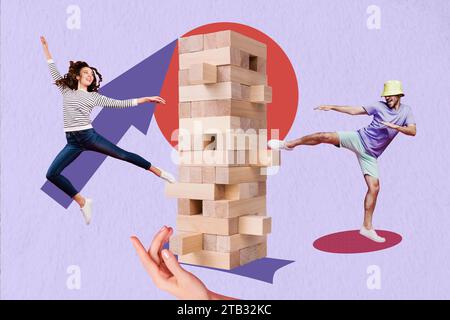 Businesspeople build tower with wooden blocks engaged in teambuilding ...