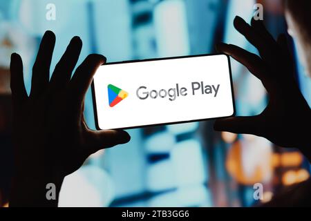 In this photo illustration, the Google play store logo is seen ...