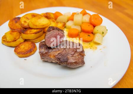 Wild boar loin (young wild boar loin) with fried potatoes and root ...