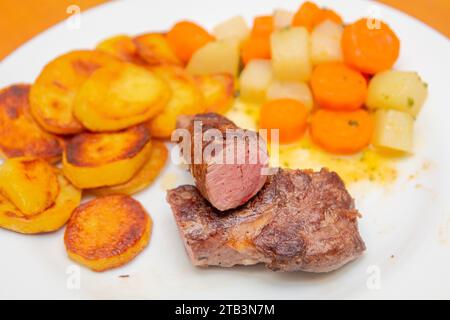 Wild boar loin (young wild boar loin) with fried potatoes and root ...
