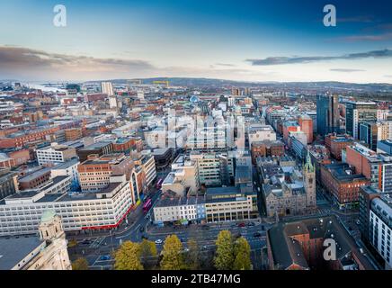 Aerial view of Belfast from College Square East over Belfast City Hall ...