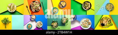 Plates with popcorn chicken on color background Stock Photo - Alamy