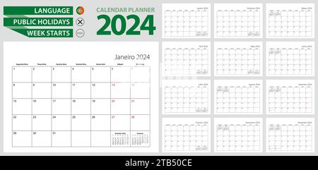 January 2024 portuguese month calendar. Vector printable illustration ...