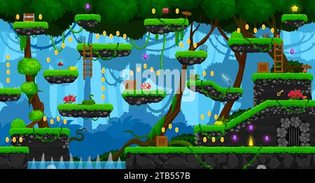 Magic jungle forest level map game landscape background. Bush, tree and ...