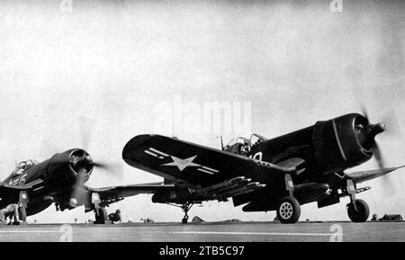 Vought F4U-4 Corsairs of VMF-212 on deck of USS Rendova (CVE-114), in ...
