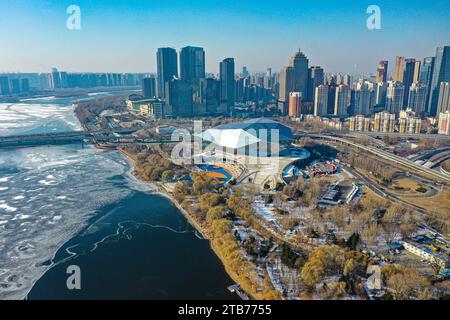 Aerial photo shows the frozen Hun River in Shenyang City, northeast ...