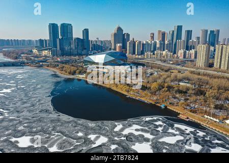 Aerial photo shows the frozen Hun River in Shenyang City, northeast ...