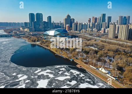 Aerial photo shows the frozen Hun River in Shenyang City, northeast ...
