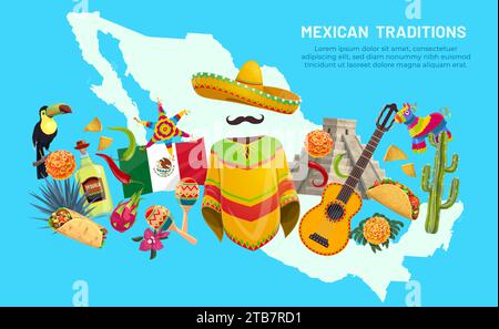 Mexico map with national cuisine, animals, plants and musical ...