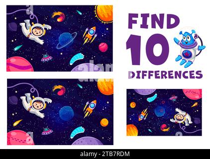 Find ten differences at space galaxy landscape. Astronaut and cartoon ...