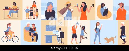 Everyday life scenes of people, geometric mosaic pattern vector ...
